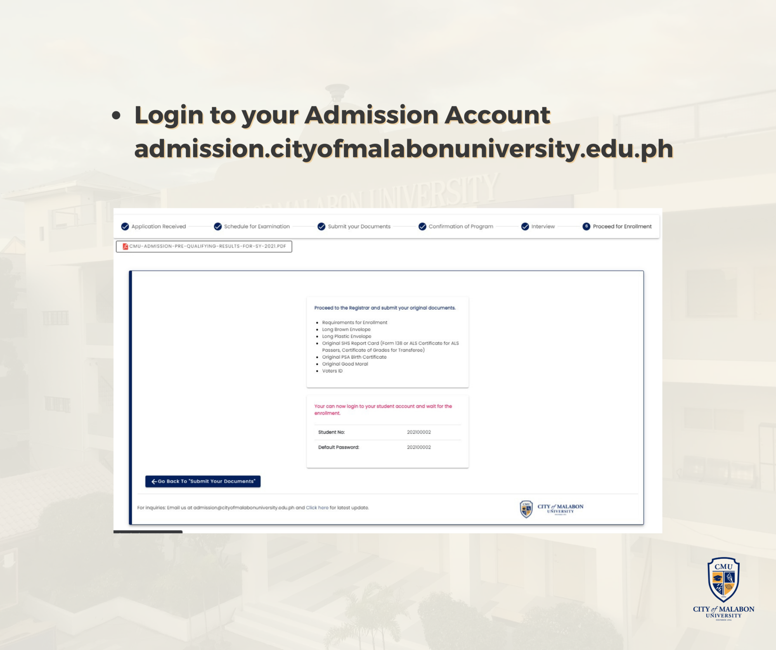 CMU Successful Examinees' Enrollment Procedures – City of Malabon ...